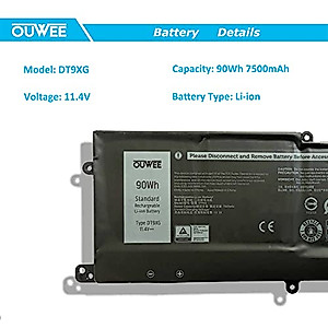 OUWEE DT9XG Laptop Battery Compatible with Dell Alienware Area-51m R1 R2 D1968W D1968B D1969PW D1733B D1746W D1735DB D1733PB D1766W D1748DW D1746B D1766B D1741DB Series 07PWKV 0KJYFY 11.4V 90Wh
