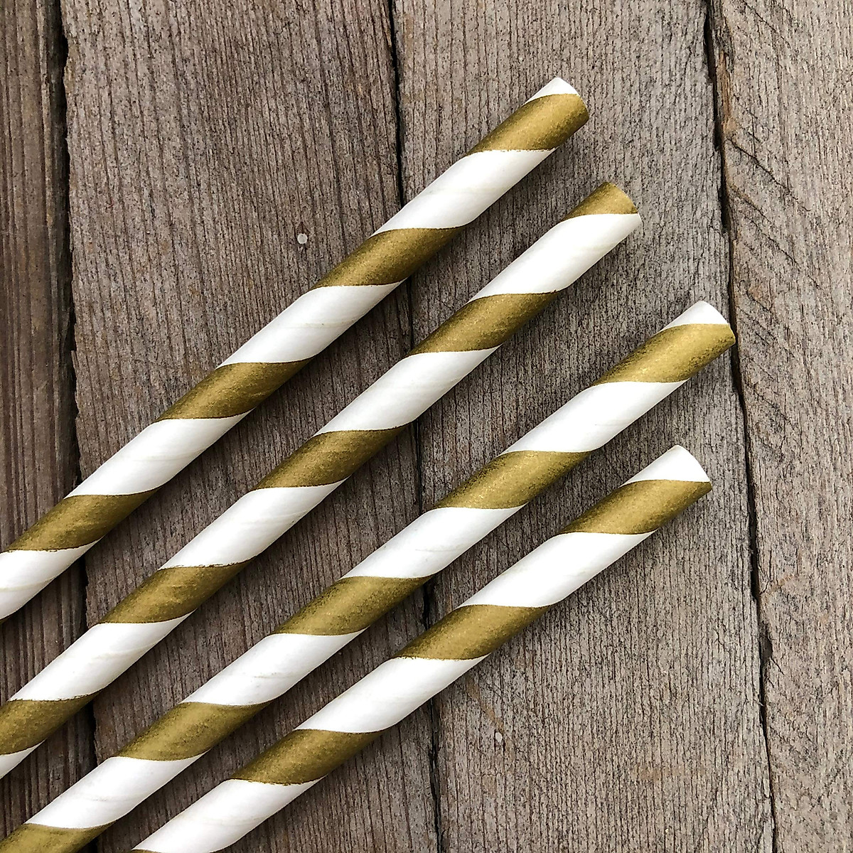 Striped Paper Straws - Gold White - Christmas Holiday Wedding Anniversary Supply - 7.75 Inches - 50 Pack - Outside the Box Papers Brand