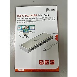 j5create USB-C Mini Dock- Type C Hub with 2X HDMI, 2X USB 3.0, Ethernet, Power Delivery 2.0 (JCD381)