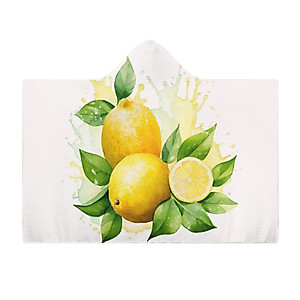 Watercolor Lemon Fruit Hooded Blanket Summer Fresh Fruit Big Hug Fleece Hooded Blanket for Adult And Kids Women Men Hooded Blanket for Couch Travel 40"x50" Soft Wearable Blanket Hooded Throw