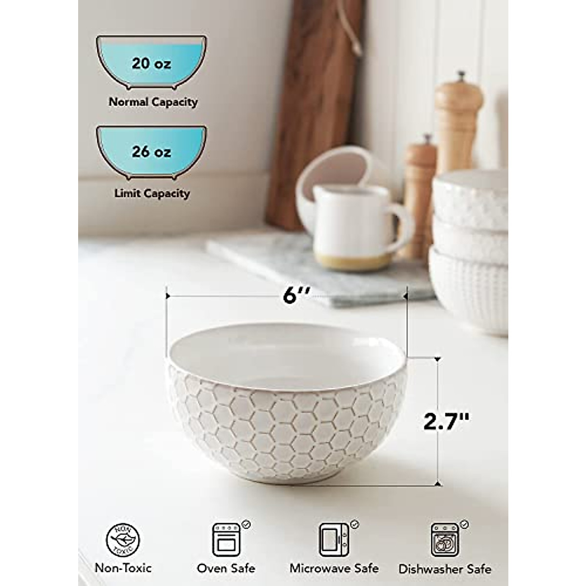 LE TAUCI Cereal bowls 26 OZ, Ceramic Soup Bowl for Kitchen, Embossment Stoneware Bowl House-warming Gift for Soup, Pho, Chip, Fruits, Salad, Noodle, Ramen - 6 Inch, Set of 4, Arctic white