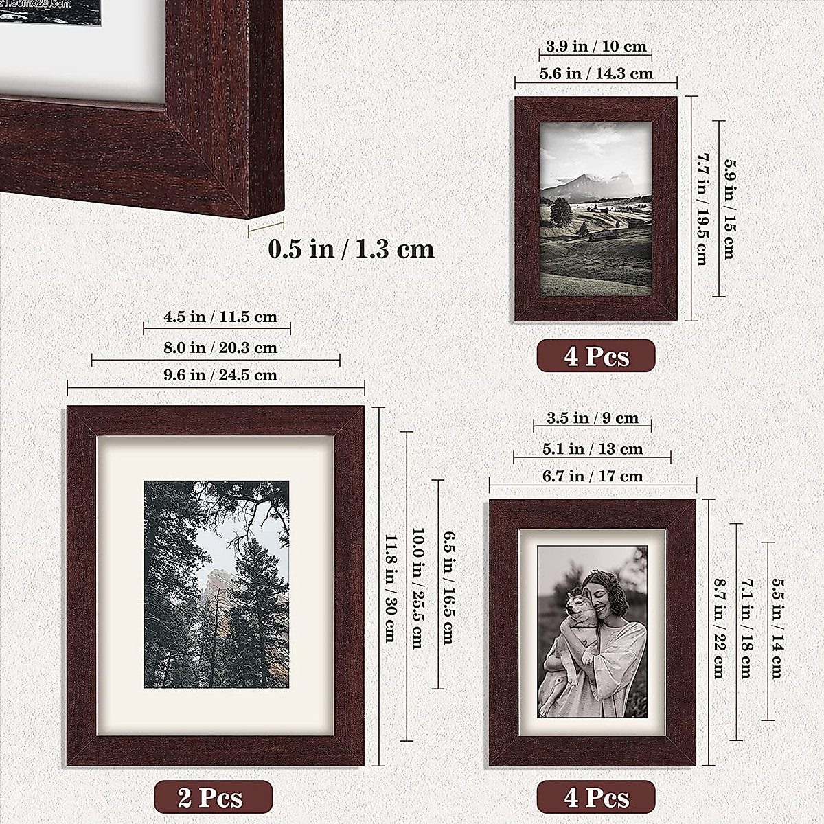 Picture Frame Set Wall Photo: 10 Variety Pack Rustic Wood Photo Frames with Real Glass and Mat Lightweight Matted Gallery Picture Frames Bulk for Wall or Tabletop Including 8x10 5x7 4x6 Walnut Brown