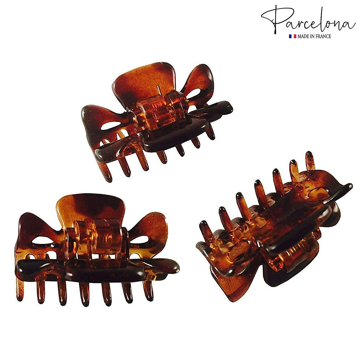 Parcelona French Classic Very Small 1 1/2" Claw Clips with Tight Spring Set of 3 Girls Hair Jaw Claw Clips Durable Styling Women Hair Accessories, Made in France (Tortoise Shell Brown)
