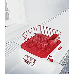 Rubbermaid Sink Set with Dish Drying Rack, Drainboard, Sponge Caddy, and Brush, Red, 4-Pieces