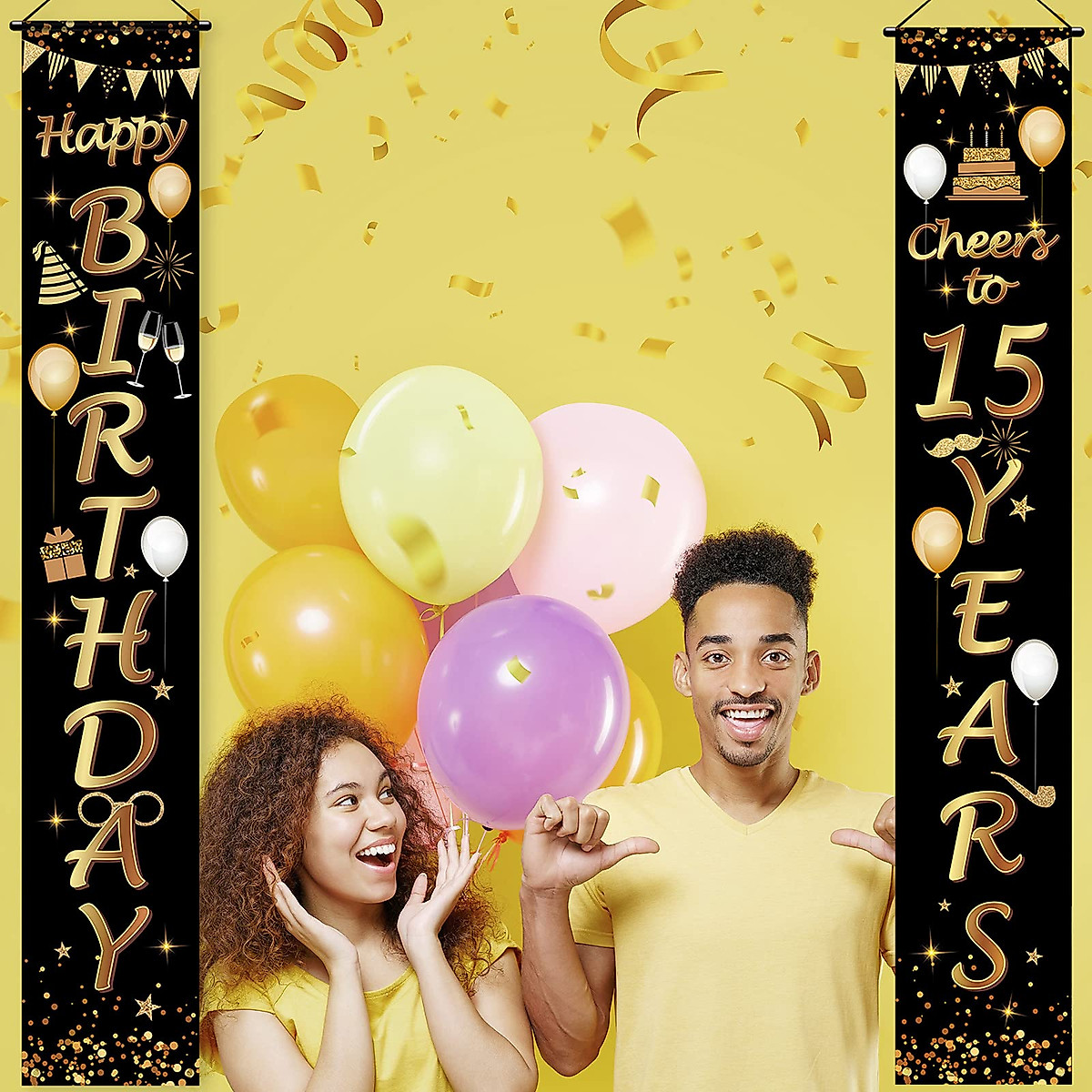2 Pieces 15th Birthday Party Decorations Cheers to 15 Years Banner Porch Sign Door Hanging Banner 15th Party Decorations Welcome Porch Sign for 15 Years Birthday Supplies, 71 x 12.6 Inches