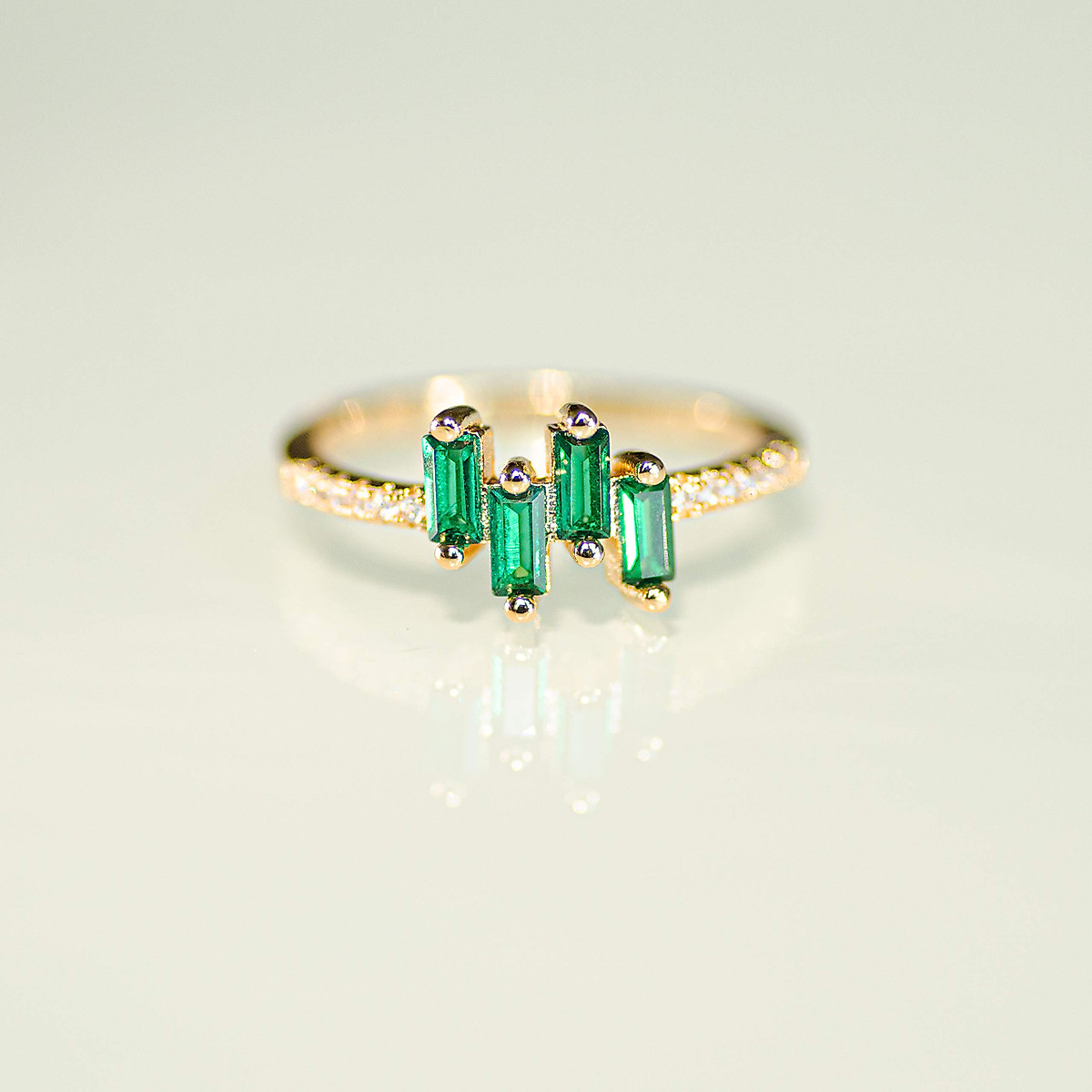 LAVLA 14k Gold Plated Baguette Green/Blue/Red Cubic Zirconia Half Eternity Stackable Ring | 1.5mm Thin Minimalist Simulated Diamond Band for Women (Green, 6)