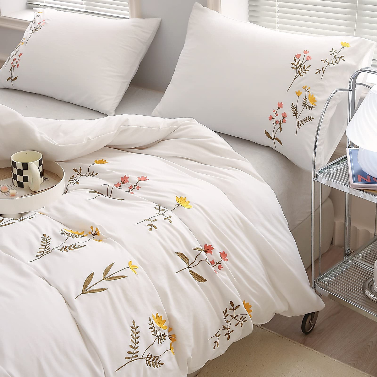 Move Over White Flower Pillow Cases Set of 2 Embroidery Flower Pillowcases King Size White Pastoral Pillow Covers Soft Washed Microfiber Girls Pink Yellow Flower Pillow Cases for Bedroom Decor