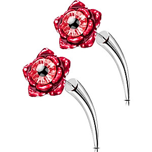 OUFER 2PCS Fake Lobe Earrings, 18G Devil's Eyes Lobe Piercing Jewelry, Fake Devil's Teeth Fake Gauges Faux Plug Taper 3D Devil's Flowers Body Piercing Jewelry For Women And Men
