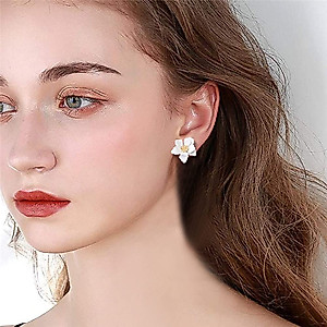 Chic Cute Boho Matte Flower Statement Stud Earrings with Gold Flower Bud for Women Sister Mom Lover and Friends (White)
