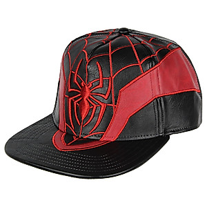 Marvel Comics Spider-Man Miles Morales Suit Embroidered Faux Leather Snapback Hat for Men and Women Black