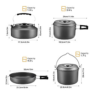 Bulin 13Pcs Camping Cookware Mess Kit, Nonstick Backpacking Cooking Set, Outdoor Cook Gear for Family Hiking, Picnic Lightweight Cookware Sets(Kettle, Pots, Frying Pan, BPA-Free Bowls, Plates, Spoon)