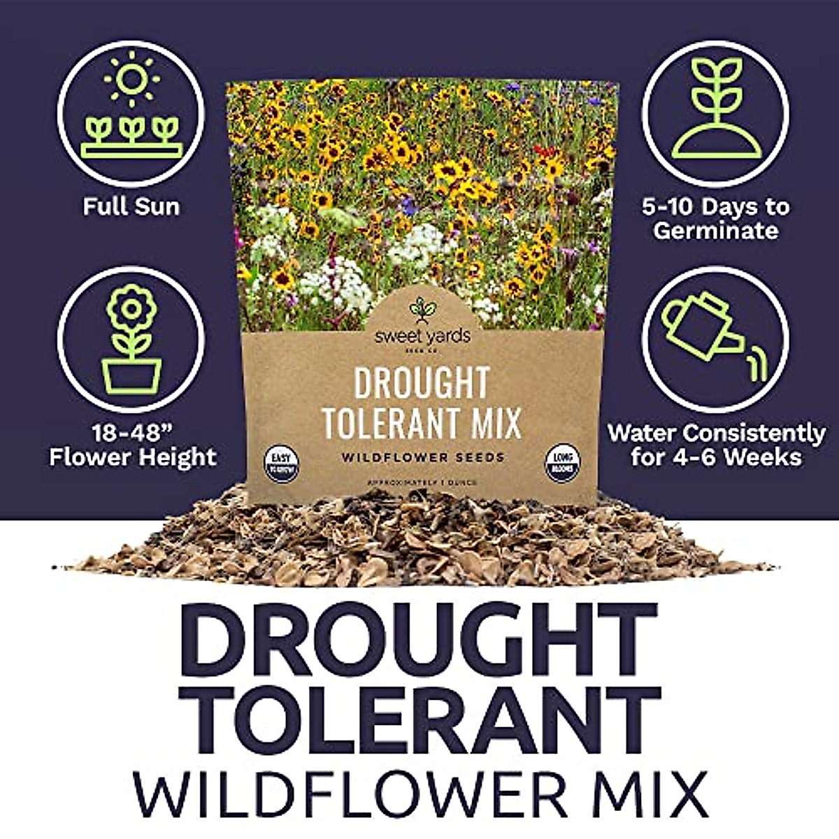 Sweet Yards Seed Co. Drought Tolerant Wildflowers Mix – Extra Large Packet – Over 7,500 Open Pollinated Non-GMO Seeds – 21 Different Dryland Species!