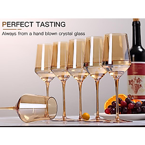 Amber Wine Glasses Set of 6-15oz Hand-Blown Long Stem Wine Glasses, Unique Wine Glasses Gift For Bar, Party