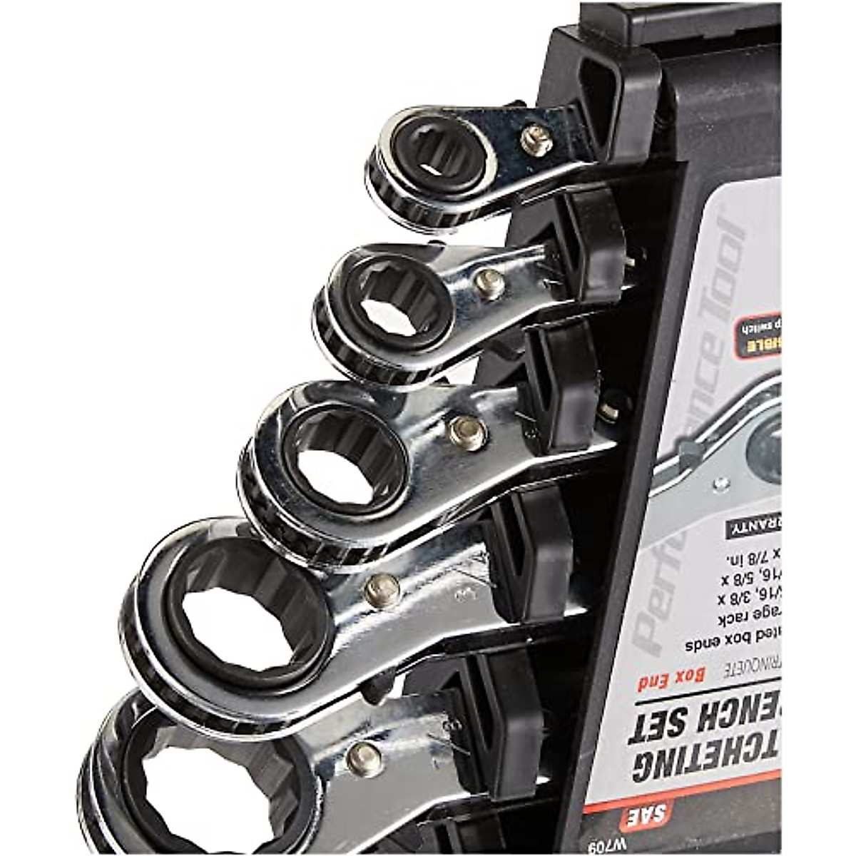 Performance Tool W709 SAE Reversible Ratcheting Wrench Set with 12 Point Box Ends, 5 Piece, 1/4-Inch to 11/16-Inch Sizes and Reusable Storage Rack