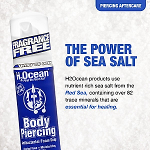 H2Ocean Body Piercing Foam Soap Sea Salt Piercing Aftercare, Gentle Cleansing Moisturizing Soap With Aloe Vera, Alcohol Free, Unscented, Organic, Vegan 1.7oz