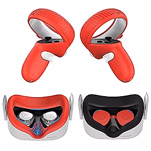 [3in1] for Oculus Quest 2 Accessories, Quest 2 VR Waterproof Silicone Face Cover Pad Controller Grip Fall Protection Case and Protective Lens Cover Washable, Anti-Leakage Ergonomic Design (Red)