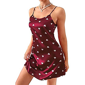 Vrtige Women's Satin Silk Heart Print Sleeveless Nightdress Chemise Nightgown Sleepwear Burgundy Small