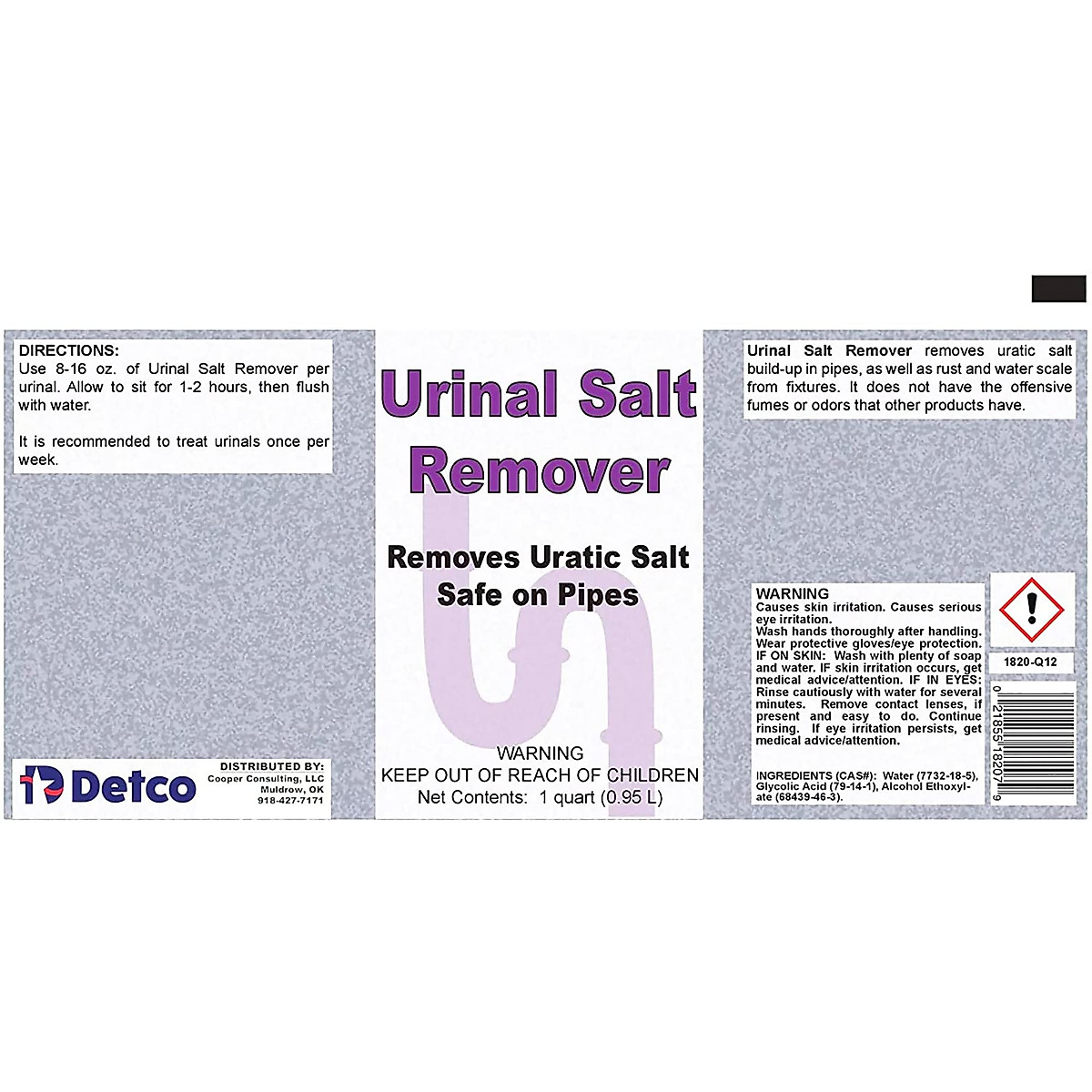 Detco Urinal Salt Remover Concentrate - Safe on Pipes and Plumbing, Odor Control, Cleans Rust, Scale, and Uratic Salt Build-Up, 1 Quart