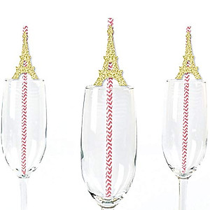 Gold Glitter Eiffel Tower Party Straws - No-Mess Real Gold Glitter Cut-Outs and Decorative Paris Themed Baby Shower or Birthday Party Paper Straws - Set of 24