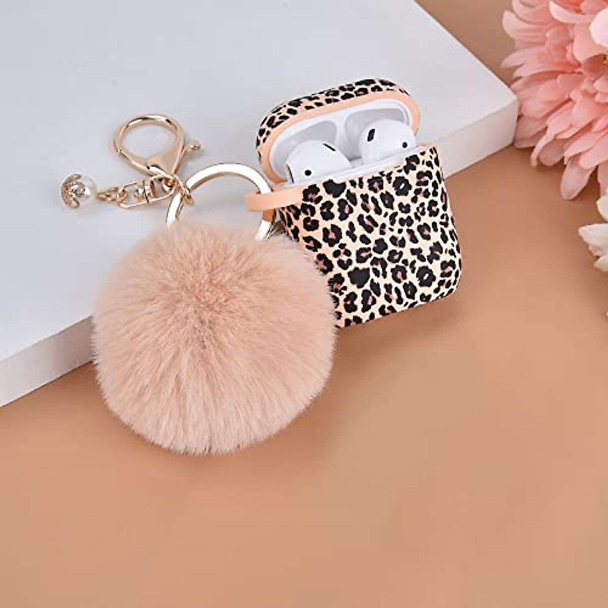 AIRSPO Airpod Case Airpods Case Cover for Apple AirPods 2&1 Silicone Protective Skin Cute Airpod Case for Girls with Pom Pom Fur Ball Keychain/Strap/Accessories (Leopard Print+Fur Ball)