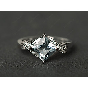 LUO 925 Sterling Silver Aquamarine Ring Kite Set Square Cut 7X7 MM Engagement Ring for Women US Size 6