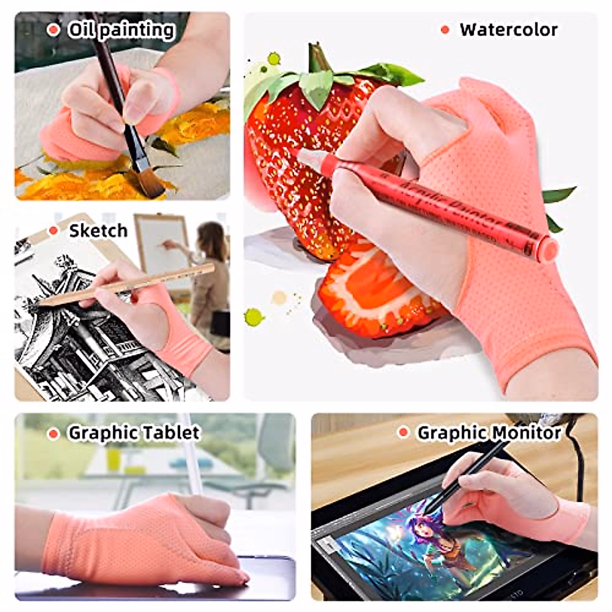 Artist Drawing Glove for Women [2 Pack Pink] 3-Layer Palm Rejection Right/Left Hand Digital Graphic Tablet iPad Art Gloves Two Finger Smooth Elasticity Breathable for Sketching Painting