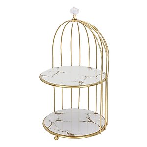 flexman Bathroom Organizer Countertop, Double Layer Bird Cage Organizer Display Rack, Countertop Storage Shelf for Bathroom Countertop Dressing Table (White Base Gold Pattern)
