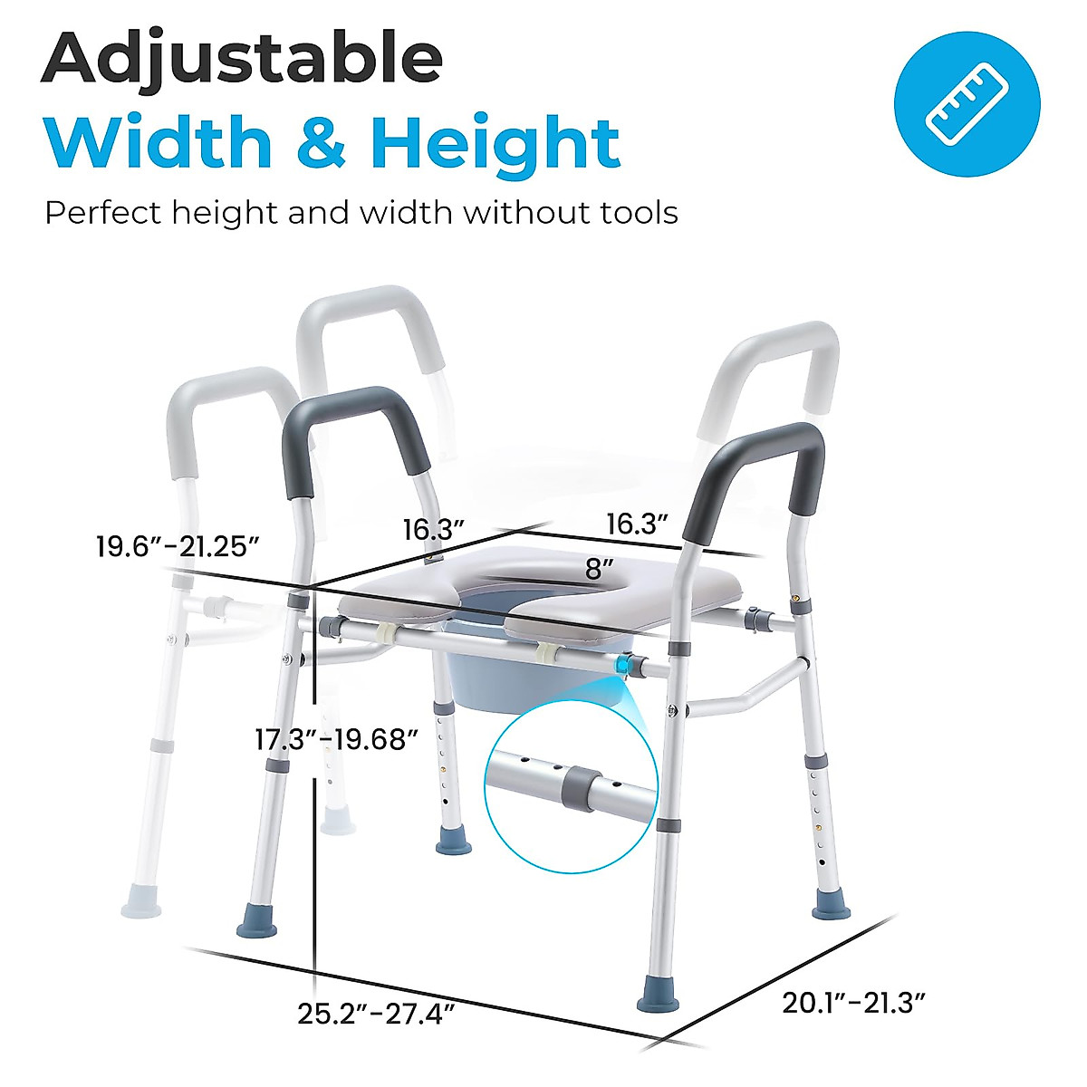 HEAO 3-in-1 Raised Toilet Seat, Adjustable Width/Height, Padded Seat with Splash Guard, Toilet Safety Frame, Shower Chair for Seniors, Handicap,Pregnant, 300 lbs