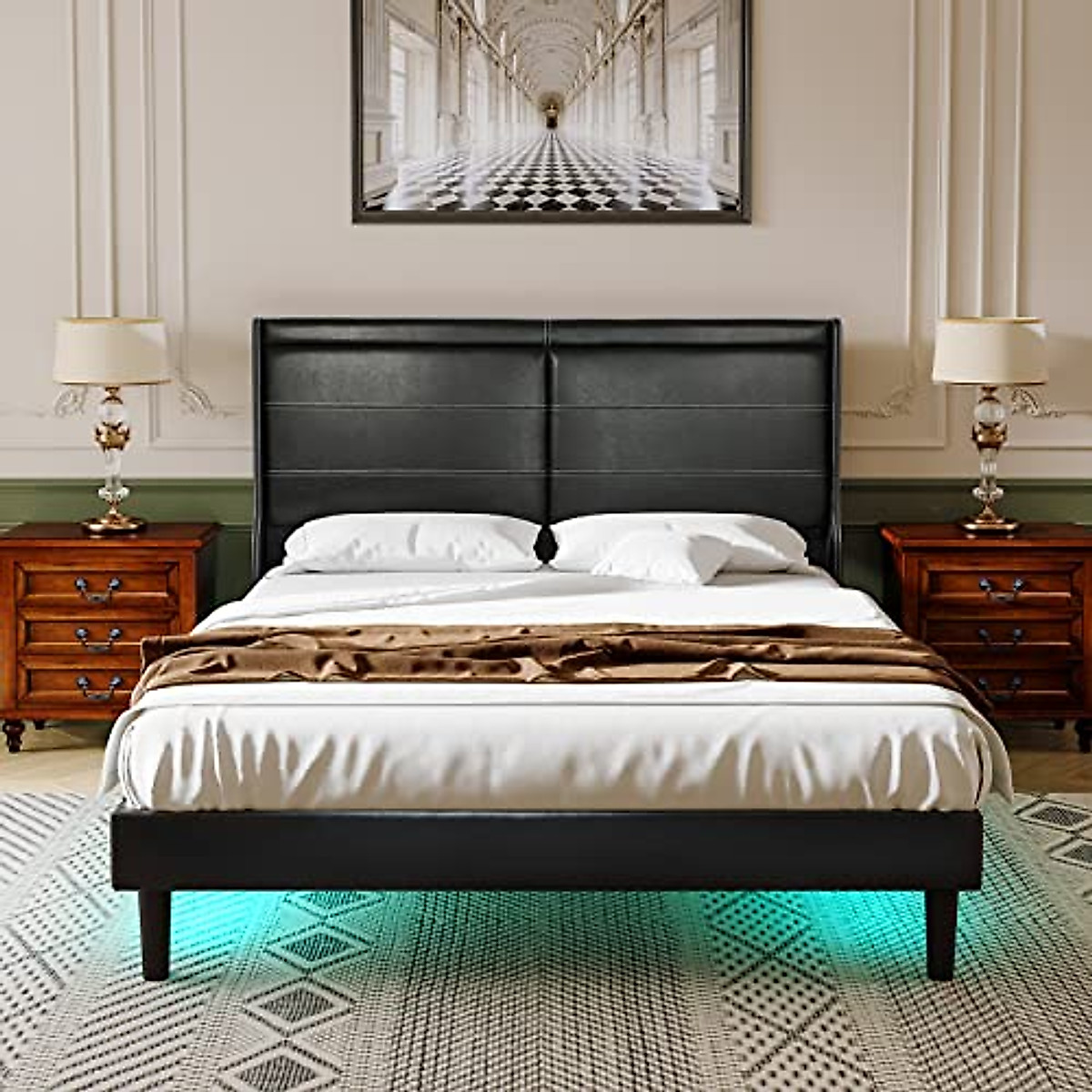 Origeture Queen Size Bed Frame with RGBW LED Lights Leather Headboard, Heavy-Duty Leather Upholstered Platform Bed with Thicker Wooden Slats Support, Noise-Free, Easy Assembly, Black