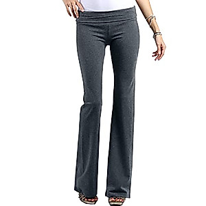 CNC STYLE P001 Women's Women's Comfy Cotton Foled Waist Stretch Bootcut Yoga Leggings High Waisted Bootleg Flare Work Pants, Charcoal Grey, Medium