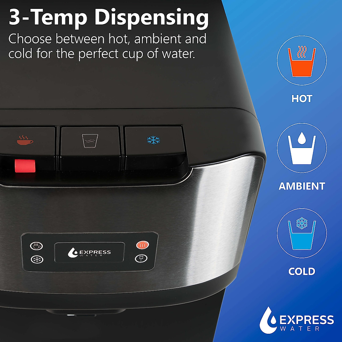Express Water Water Dispenser for 5 Gallon Bottle Bottom Loading or Direct Point of Use - 3 or 5 Gallon Water Dispenser Hot, Cold, Room Temp - Water Cooler 5 Gallon Smudge Resistant Stainless Steel