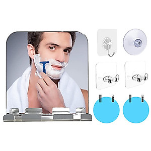 Funerom 5.4x5.1 inch Fogless Bathroom Shaving Mirror with Built-in Razor Holder Includes 4 Adhesive Hooks 2 Anti-Fog Film Anit-Fog Shower Mirror Frameless Portable Square