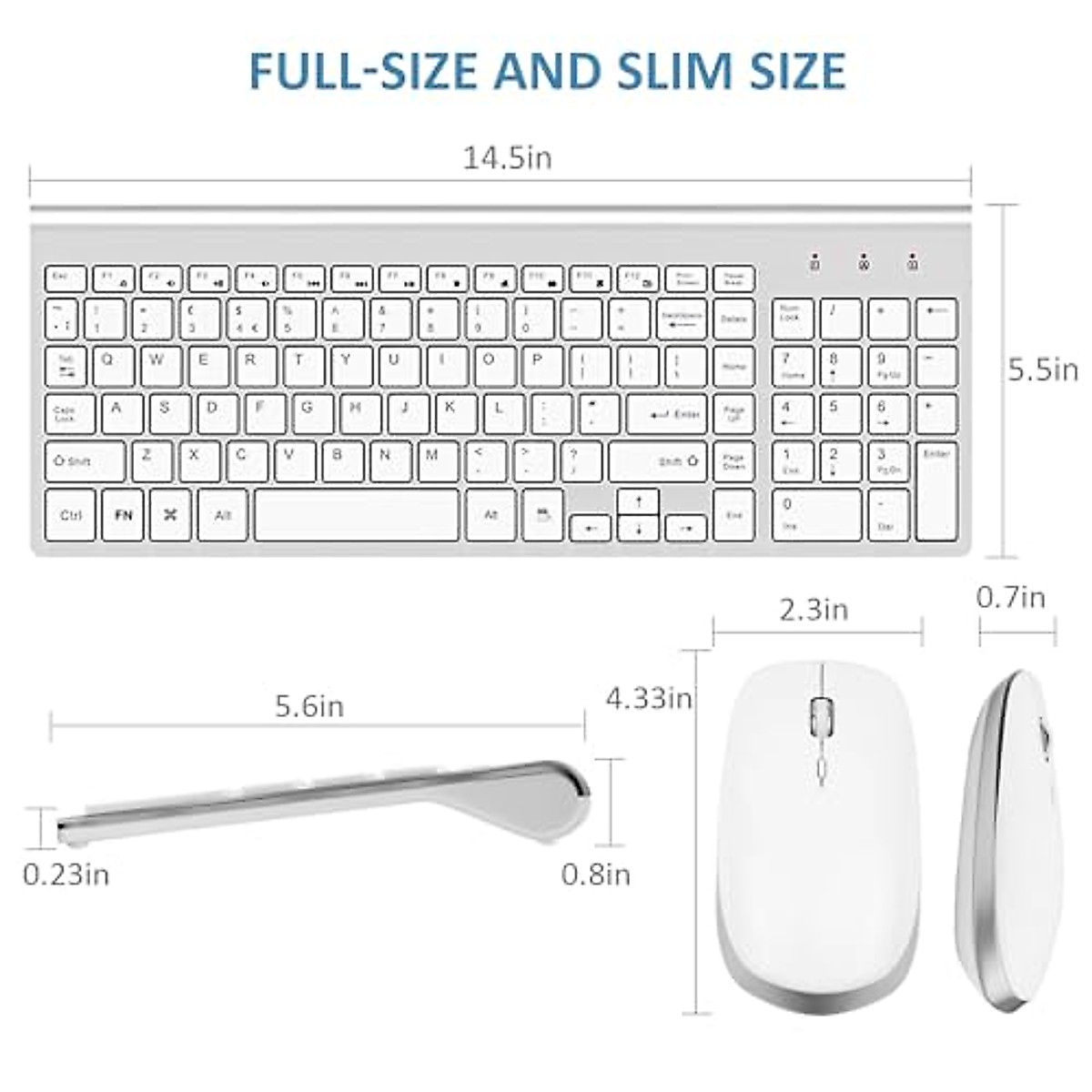 Wireless Keyboard and Mouse, USB Slim Compact Keyboard with Number pad, Ergonomics Quiet Keyboard Mouse for Laptop Computer PC Mac Windows, White Silver