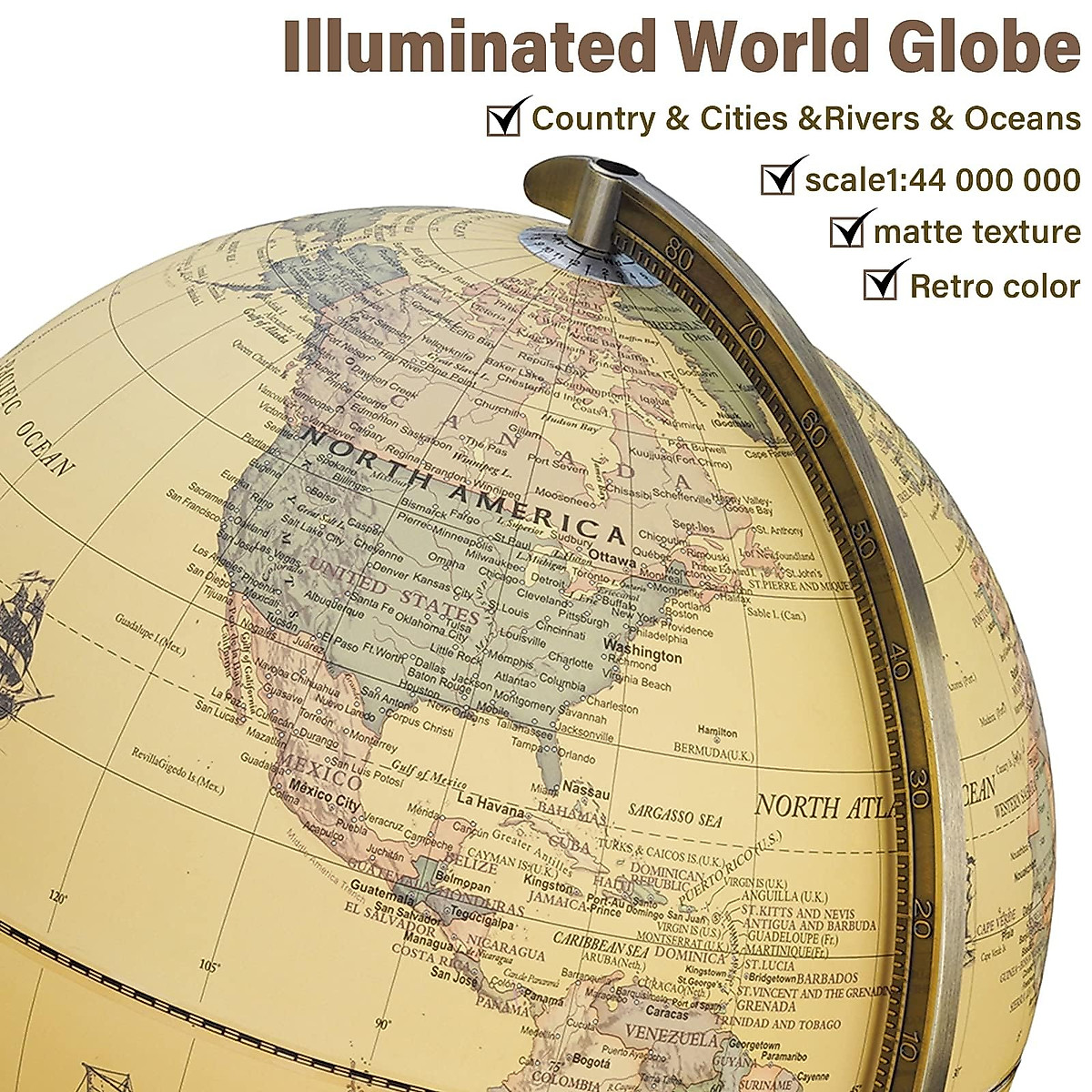 12'' Retro Illuminated World Globe with Wooden Stand, 2-1 Educ & Décor Antique Night Light up Globe Built in LED & HD Printed Map, Antique Illuminated Globe for Adults & Kids, Home Décor, Office