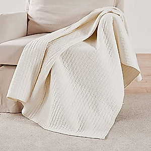 Levtex - Cross Stitch - Quilted Throw - 50x60in. - 100% Cotton - Reversible Pattern - Cream Quilted Throw with White Stitching