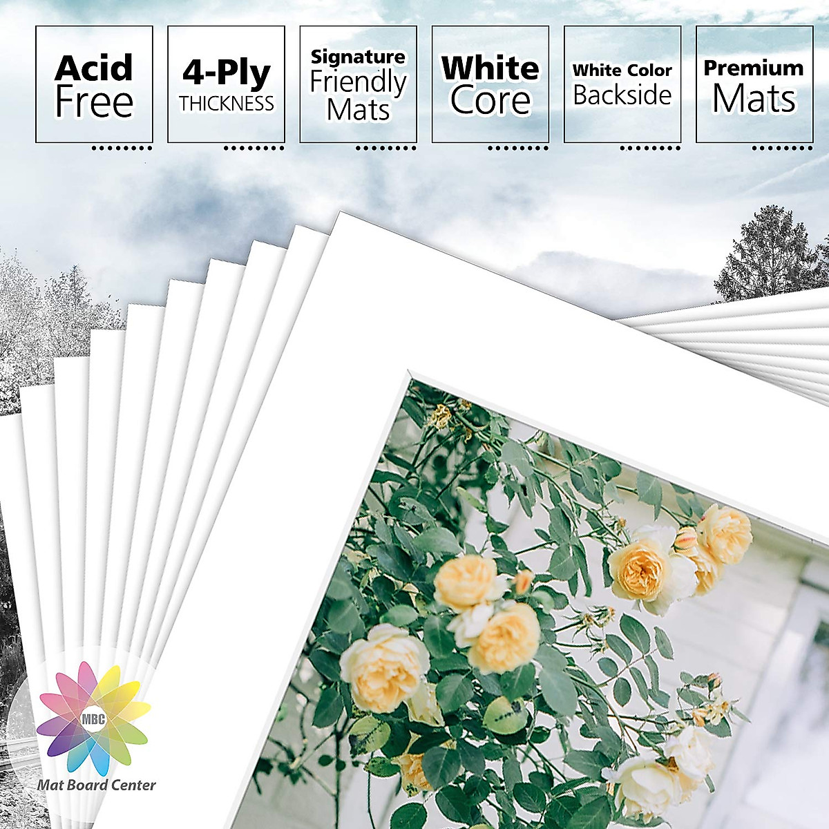 Mat Board Center, Pack of 10, 18x24 for 13x19 White Photo Picture Mats - Acid Free, 4-ply Thickness, White Core - for Pictures, Photos, Framing