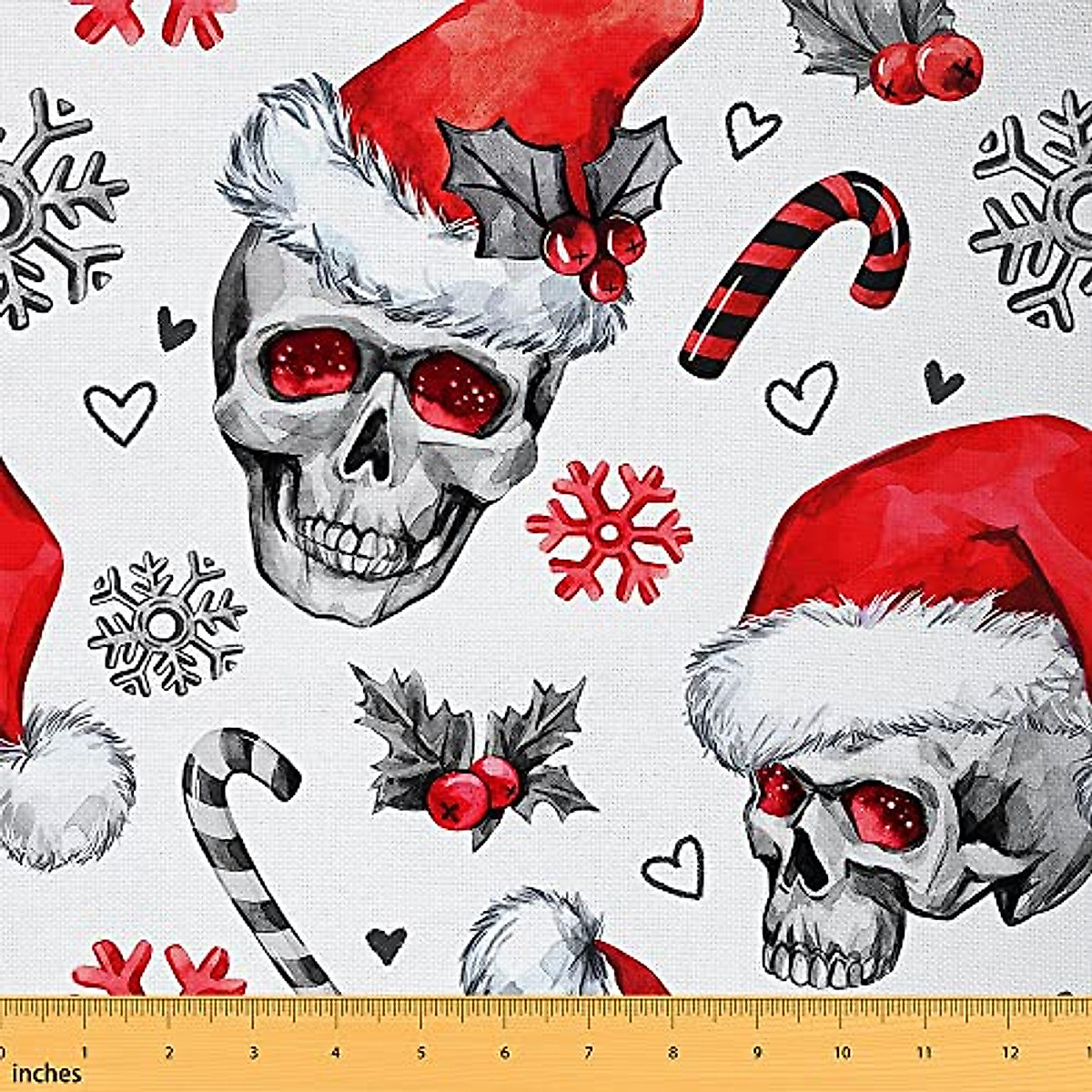 Sugar Skull Fabric by The Yard, Xmas Upholstery Fabric, Christmas Snowflake Candy Canes Decor Fabric, Leaves Heart Pattern Indoor Outdoor Fabric, Gothic DIY Art Waterproof Fabric, Red Grey, 2 Yards