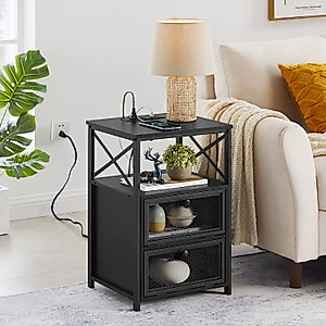 VECELO Black End Table Set of 2 with USB Ports and Outlets,24Inch Nightstands with Charging Station and Storage Shelf for Bedroom,Living Room