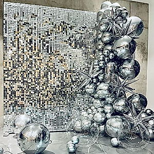 COKAOBE Silver Shimmer Wall Backdrop 24PCS Silver Sequins Backdrop Decoration Panels, Photo Backdrops for Birthday, Anniversary Wedding Engagement Decoration (Silver)