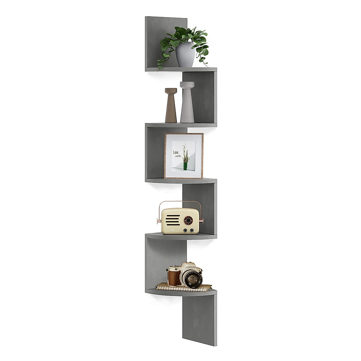 VASAGLE Corner Shelf Wall Mount, 5-Tier Floating Corner Bookshelf, Plant Shelf for Bedroom, Living Room, Bathroom, Home Office, Dove Gray