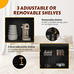 MUPATER 72'' Kitchen Pantry Cabinet Storage Hutch with Microwave Stand, Freestanding Pantry Buffet Cabinet with Adjustable Shelves, Cupboard and Drawer for Home, Black