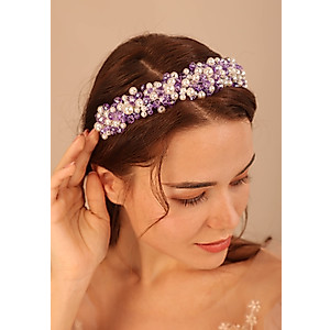 Kercisbeauty Purple Crystal and Pearl Hair Tiara for Girls Prom Wedding Bridal Handmade Crown Women Special Occasion Boho Jewelry (Purple)