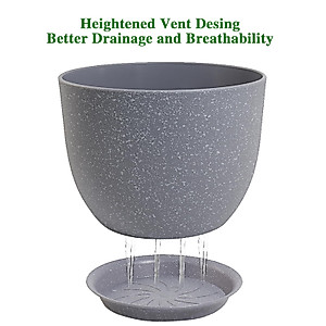 UOUZ 12inch Large Plant Pot, Modern Plastic Planter with High Driange Holes and Saucer for Indoor Outdoor Garden Plants and Flowers, Grey Speckles