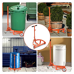 DEXSO Heavy Duty Drum Dolly,55 Gallon Barrel Dolly with 3 Poly-on-Steel Wheels with Brake, 1000 LBS Capacity Trash Can Dolly with Handle, Orange Steel Frame Dolly