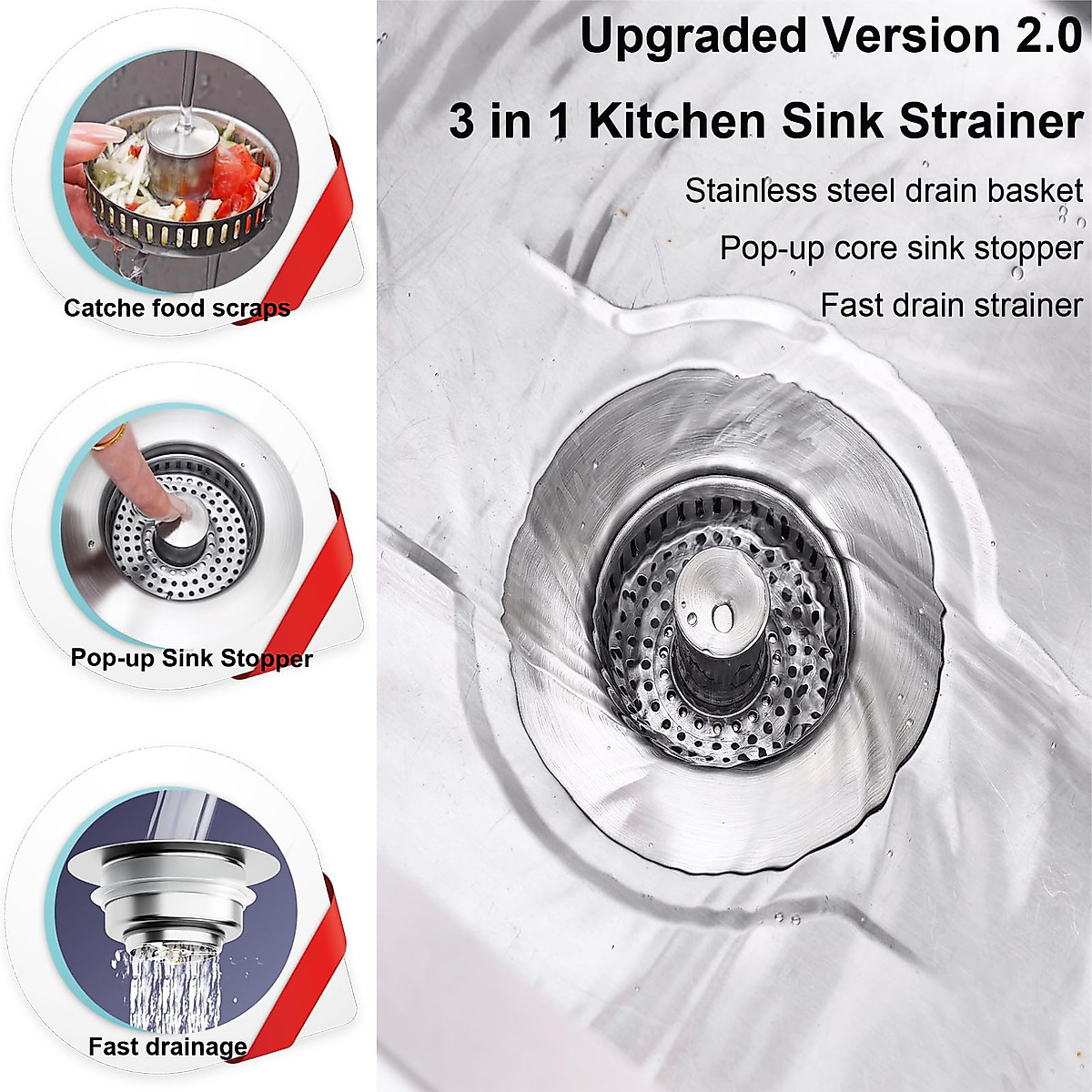 Kitchen Sink Drain Strainer and Sink Stopper(3 in 1), Upgraded Stainless Steel Drain Basket/Brass Pop-Up Bounce Core/Double Seal Sink Drain Stopper, Replacement for Standard 3-1/2 inch Drain