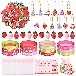 Haooryx 110PCS Strawberry Theme Party Favors Fruit Mochi Toys Berry Sweet Rubber Bracelet Acrylic Strawberry Scrapbook Stickers Keychains with Thank You Card for Girls Birthday Summer Party Goodie Bag