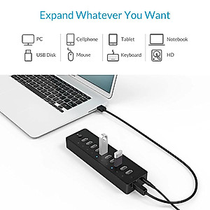 SHYPT USB HUB 10 Port ABS USB2.0 HUB with 12V Power Adapter High Speed USB Splitter for PC Computer Accessories 1M Data Cable