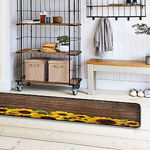 Sunflower Runner Rug, Wood Board Print Bath Rug Non-Slip Soft Kitchen Mat Doormat Large Runner Carpet 72" X 24"