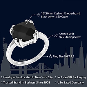 Gem Stone King 3.60 Cttw Black Onyx Engagement Ring For Women In 925 Sterling Silver | Double Prong Gemstone Birthstone Ring | Cushion Checkerboard 10MM | Available In Size 5, 6, 7, 8, 9