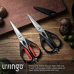 LIVINGO Kitchen Scissors, 2 Pack 9.25" Utility All Purpose Poultry Shears Heavy Duty Dishwasher Safe, Come Apart Sharp Stainless Steel Cooking Food Scissors for Cutting Meat, Chicken, Vegetable, Fish